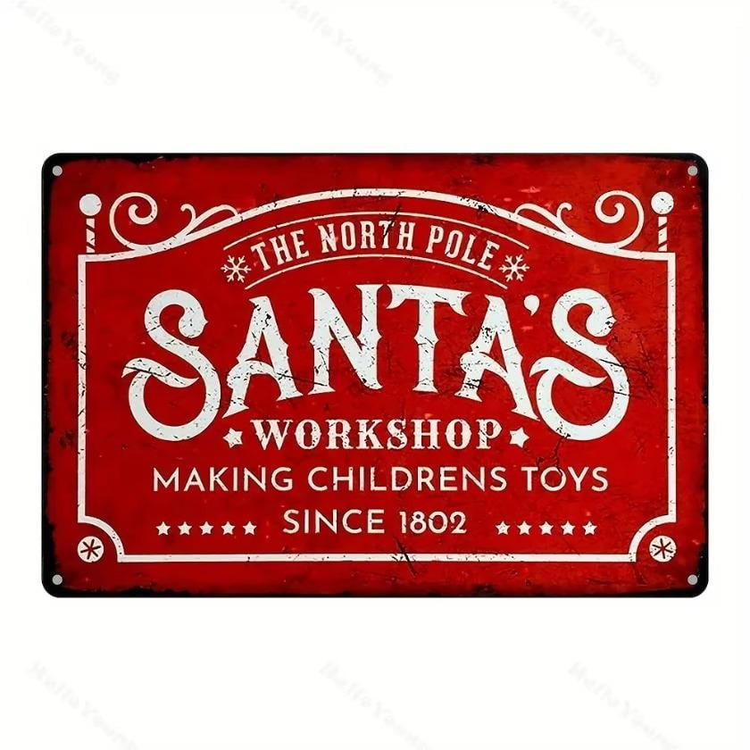HELLOYOUNG Vintage Santa's Workshop Metal Sign, A Rustic Holiday ...