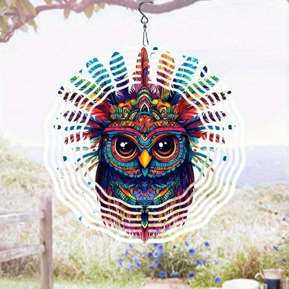 HELLOYOUNG Wind Chime， 2D Metal Owl Wind Spinner with Mandala Design ...