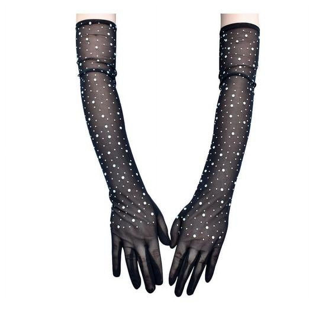 HEMOTON 1 Pair Sparkly Rhinestone Long Gloves Full Finger Mesh Elbow ...