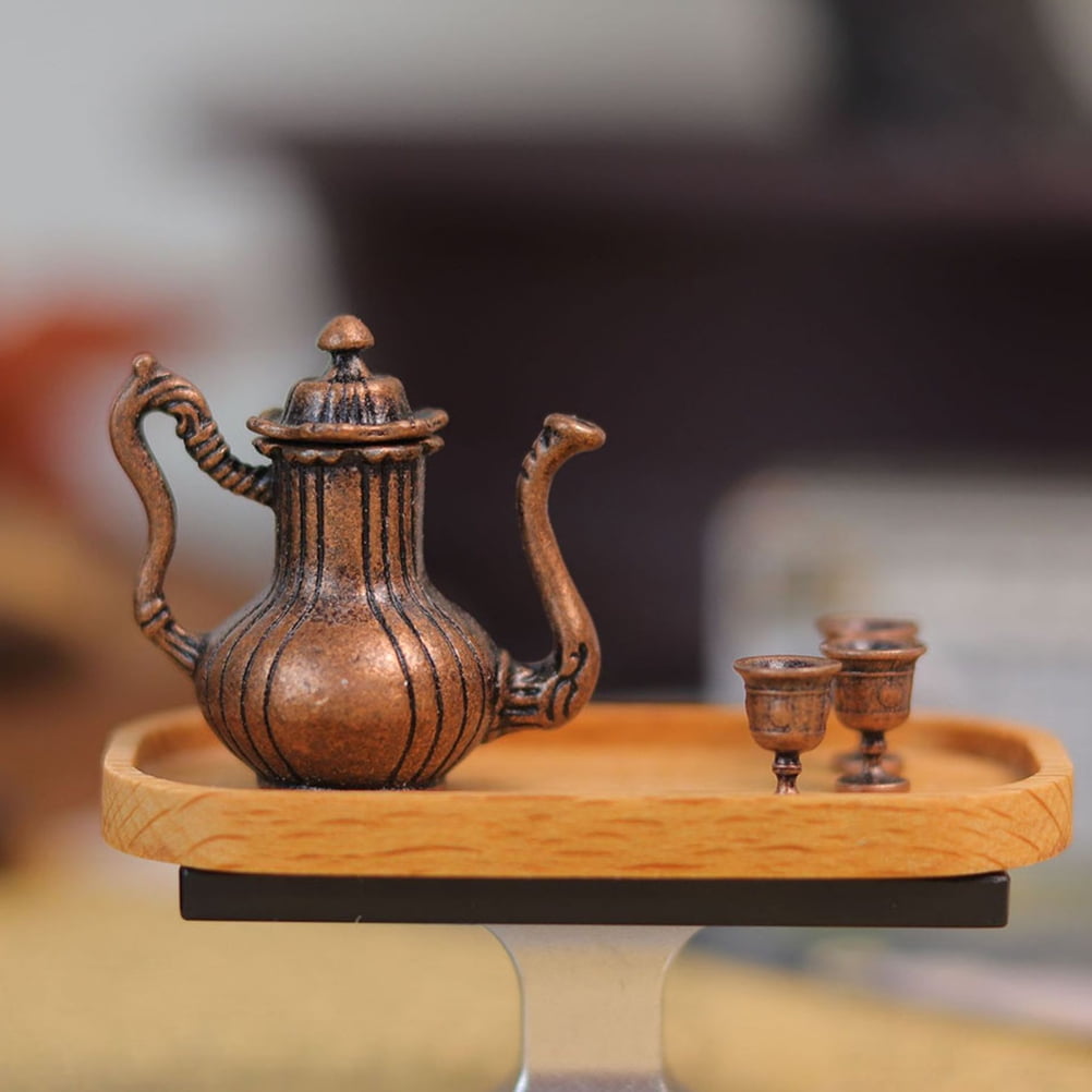 HEMOTON 1 set of Miniature Metal Tea Cup Teapot Set Doll House Mini Tea ...