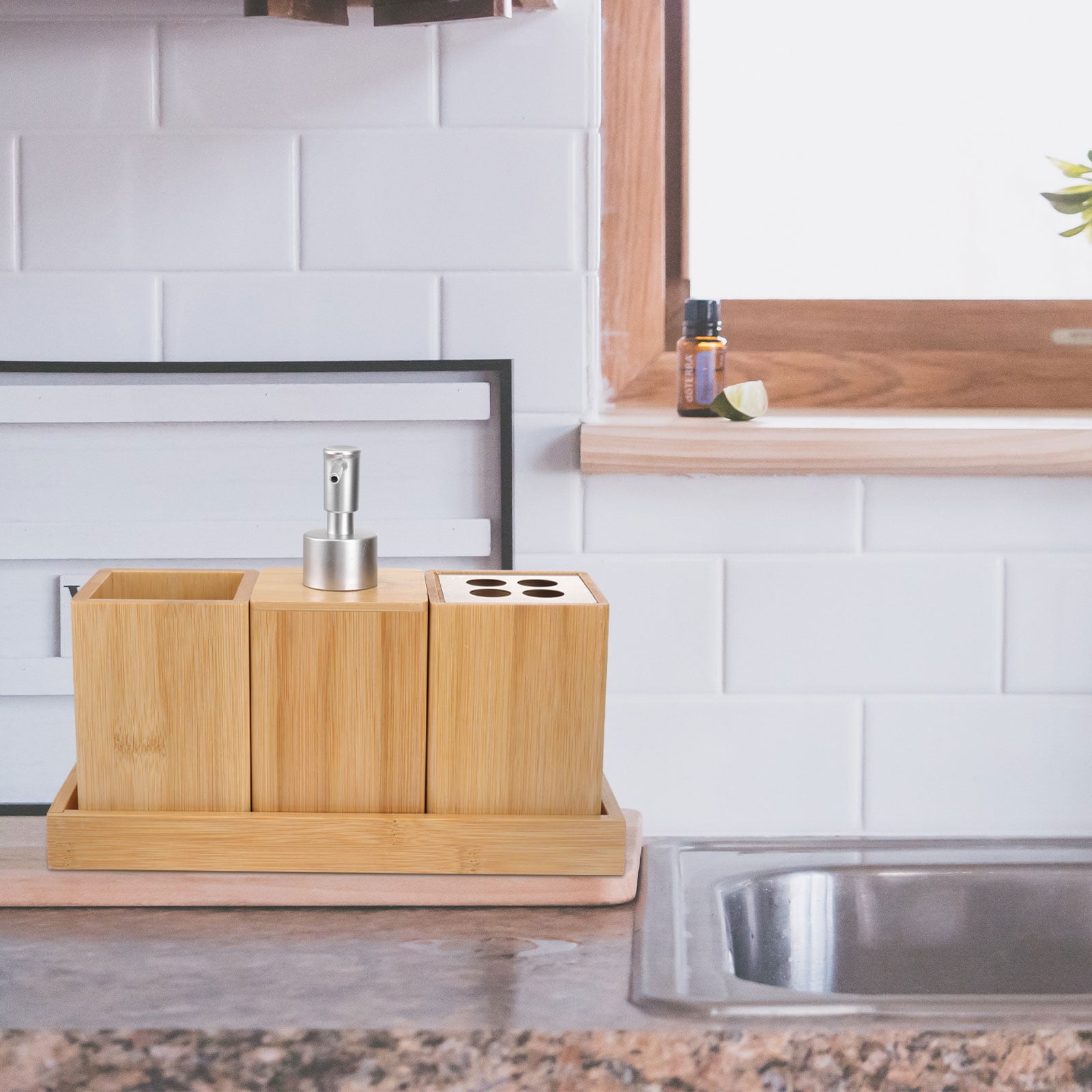 HEMOTON 4Pcs Family Bath Accessories Bamboo Wood Brown Tidy and Organized 11.8X4.52X3.73in ...