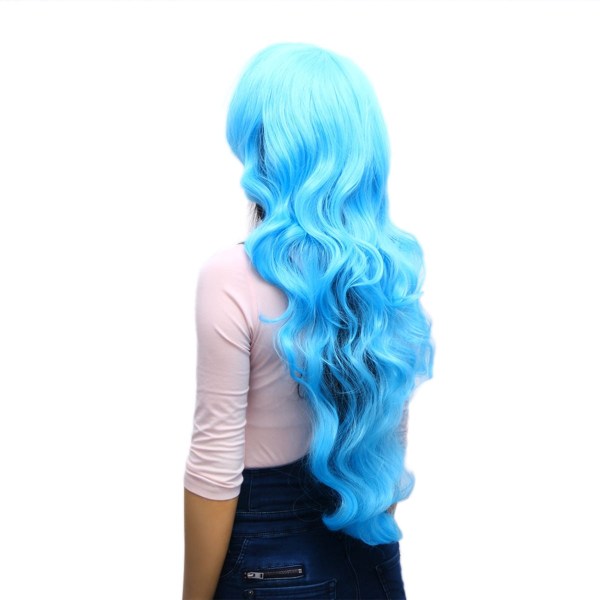 HEMOTON 80 Cm Sky Blue Curly Wig Synthetic with Bangs Wigs Women's Miss ...
