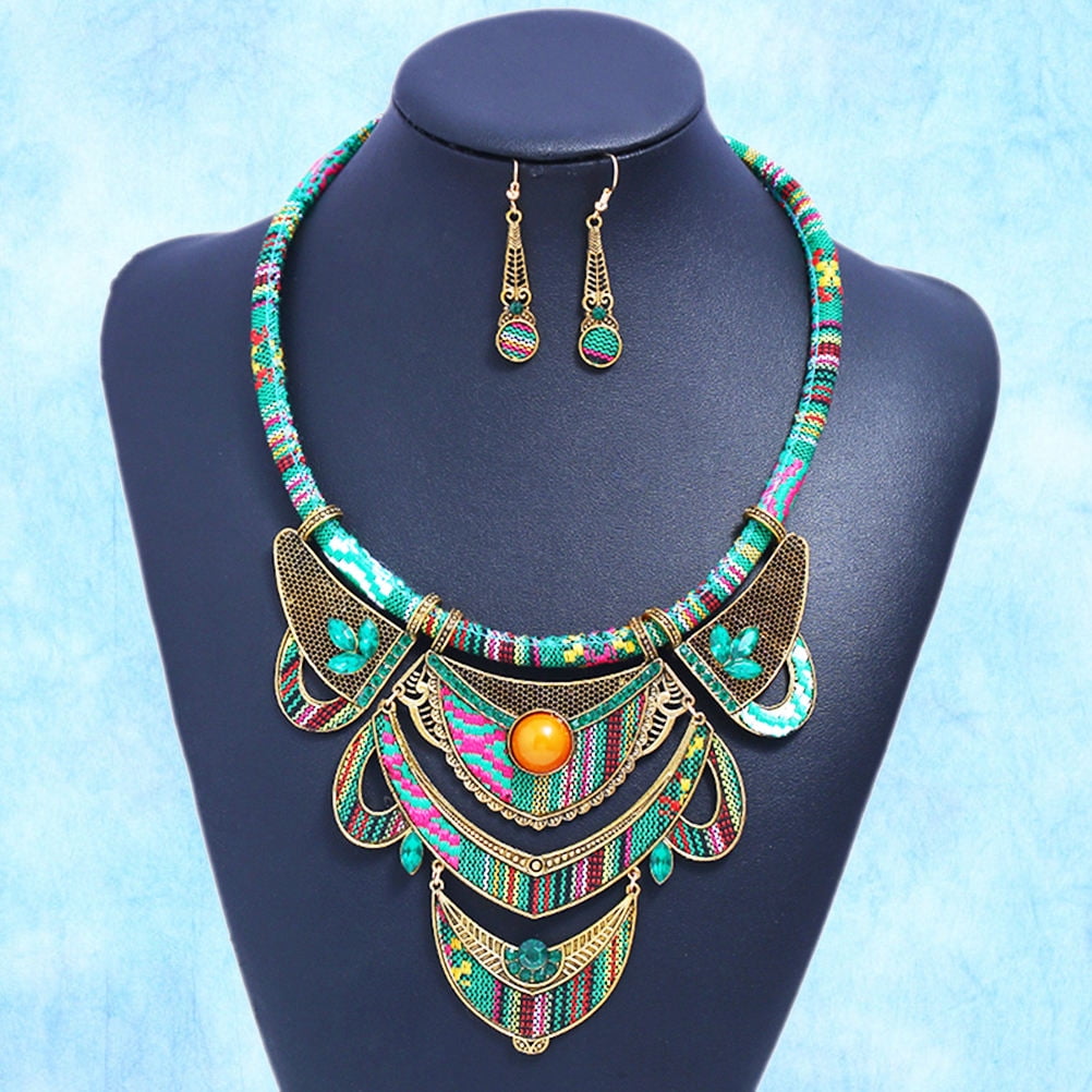 HEMOTON Bohemian Necklace Earring Set for Women with Beautiful Green ...