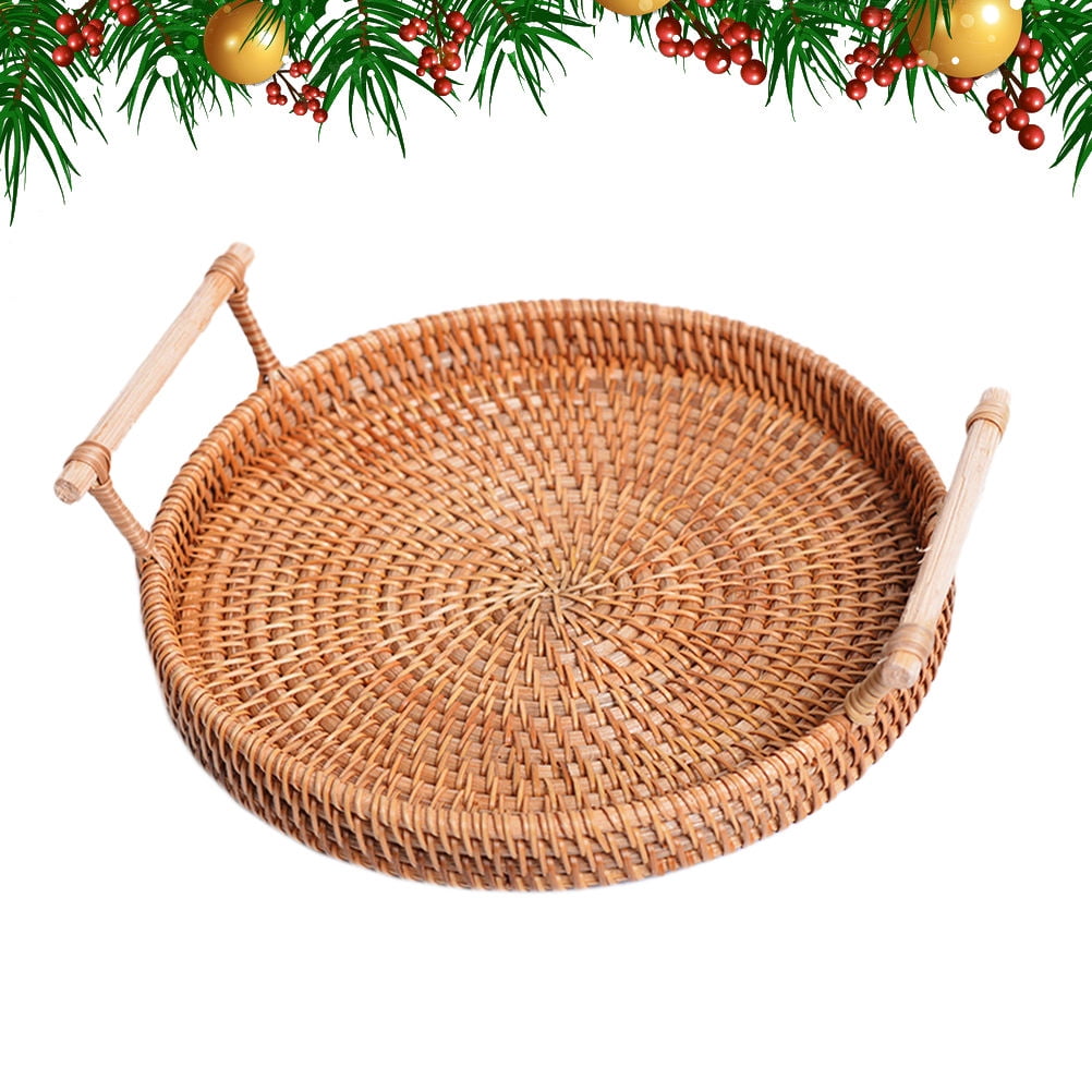 HEMOTON Khaki Rattan Woven Storage Tray with Handles for Kitchen Use ...