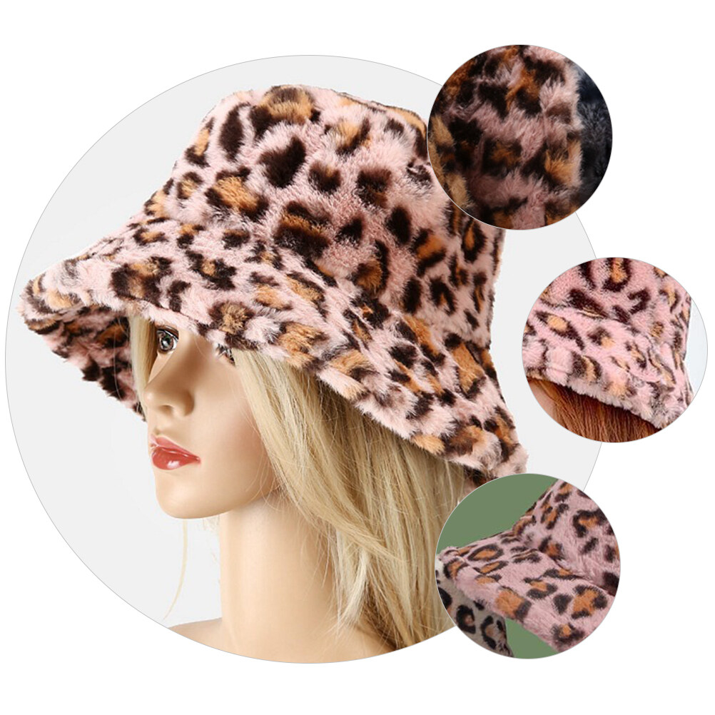 HEMOTON Leopard Bucket Hat Cheetah Print Faux for Women Fuzzy Hats ...