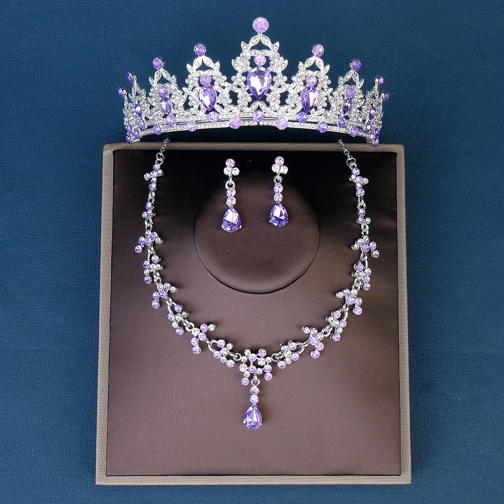 HEMOTON Purple Rhinestone Necklace and Earrings Set with Crown for ...