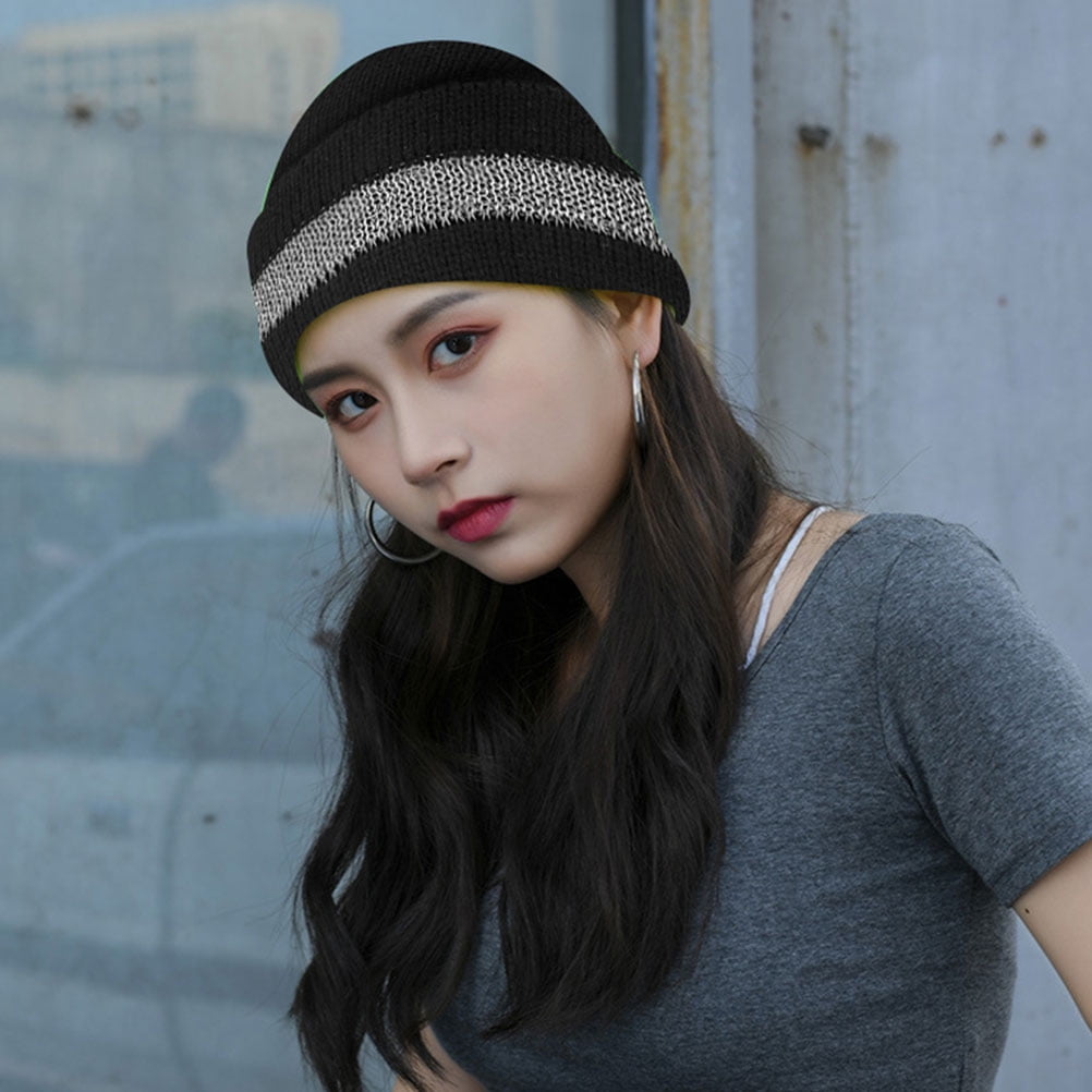 HEMOTON Reflective Knit Beanie Hats for Men Warm Outdoor Hat Acrylic ...