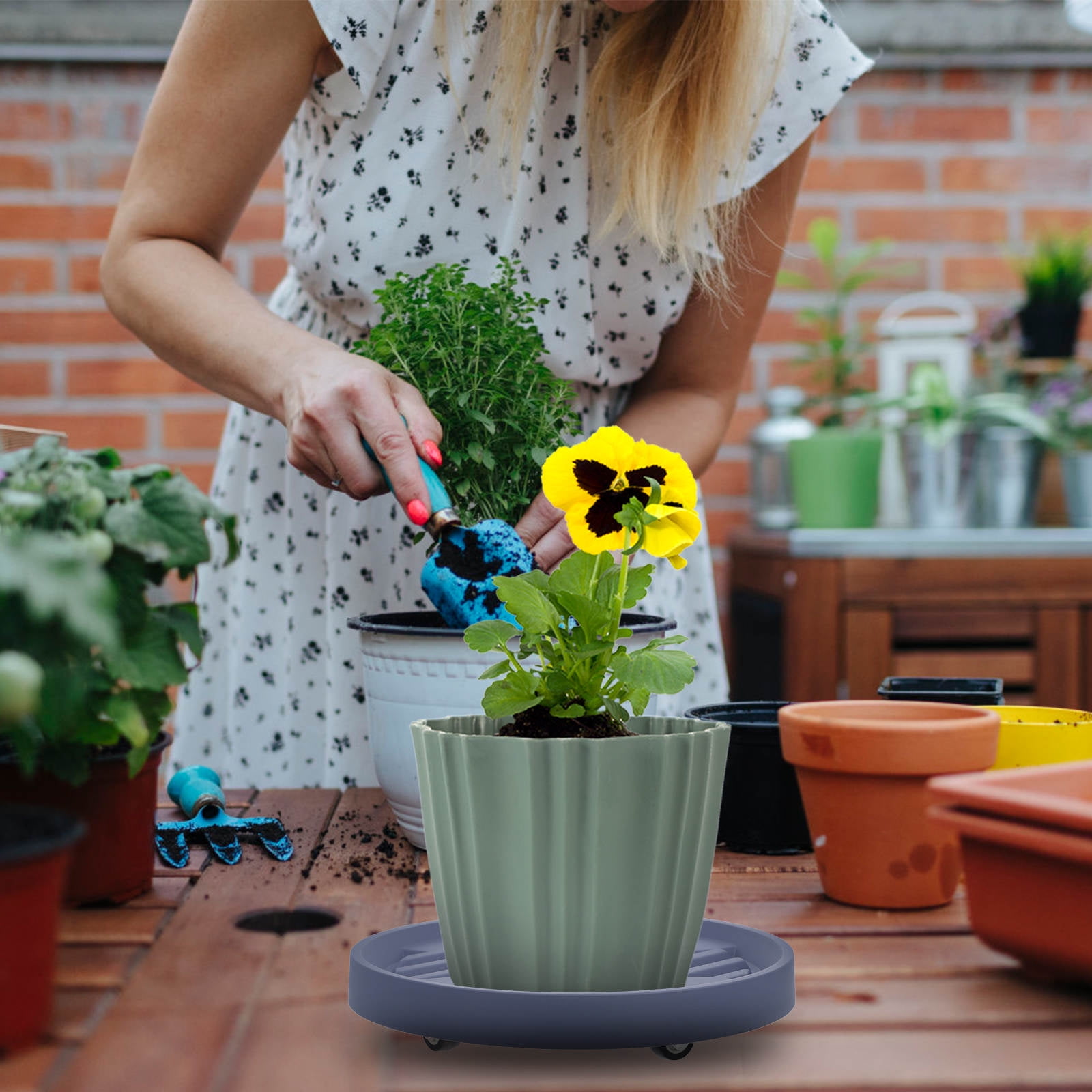 HEMOTON Wheeled Planter Tray Moving Movement Stand Indoor with Wheels ...