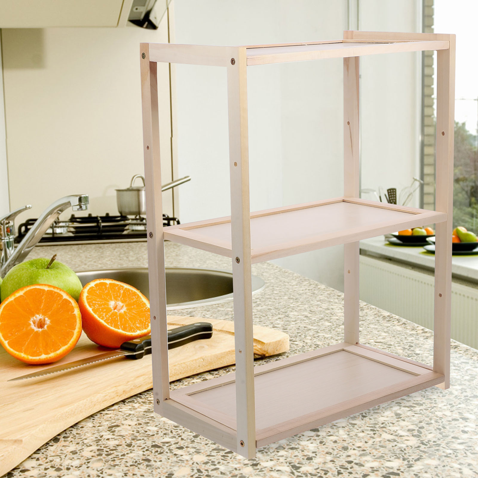 HEMOTON Wooden Makeup Stand with 3 Shelves for Storage in Khaki Color ...