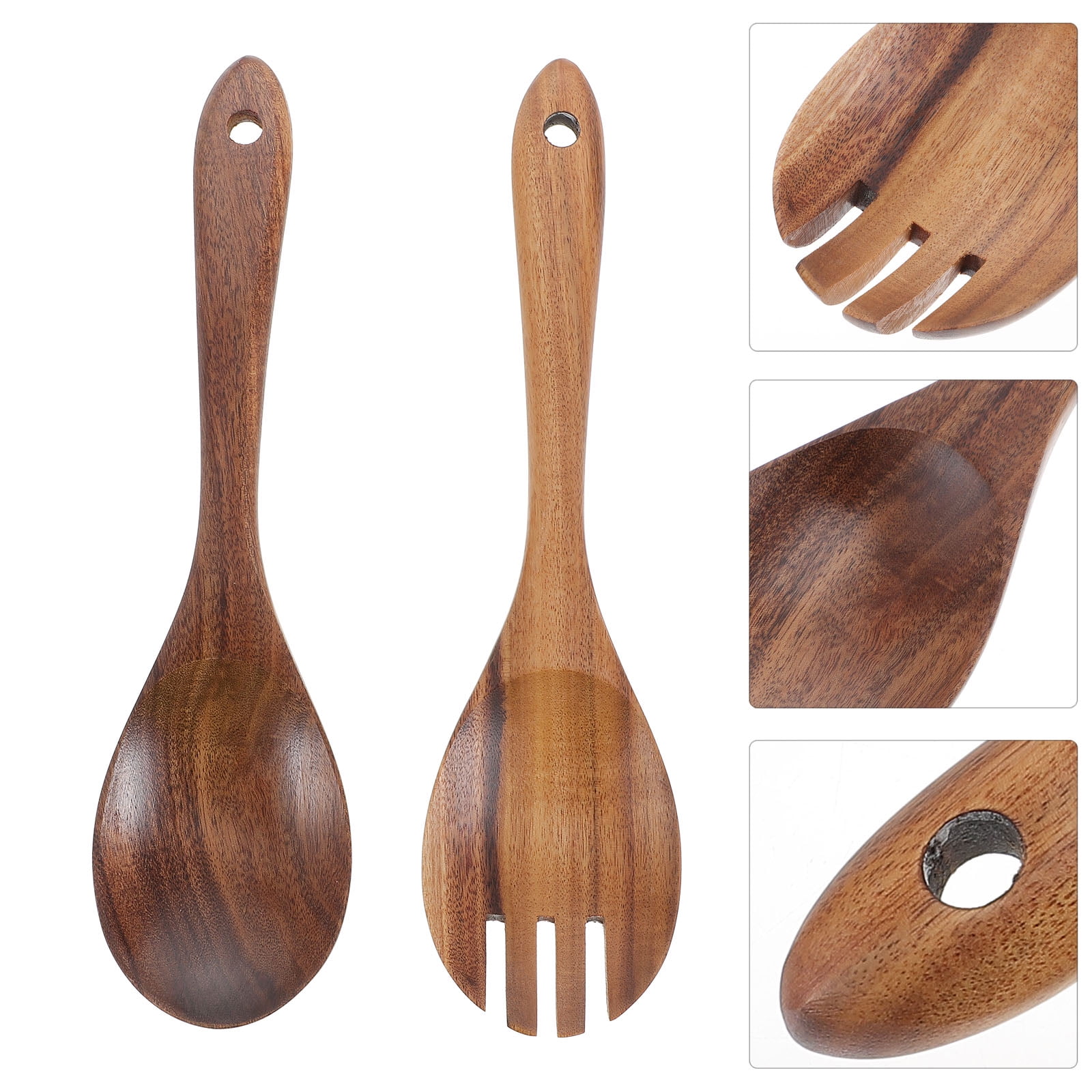 HEMOTON Wooden Set EcoFriendly Brown Wood Tableware for Kitchen Use 2Piece Serving Fork Spoon ...