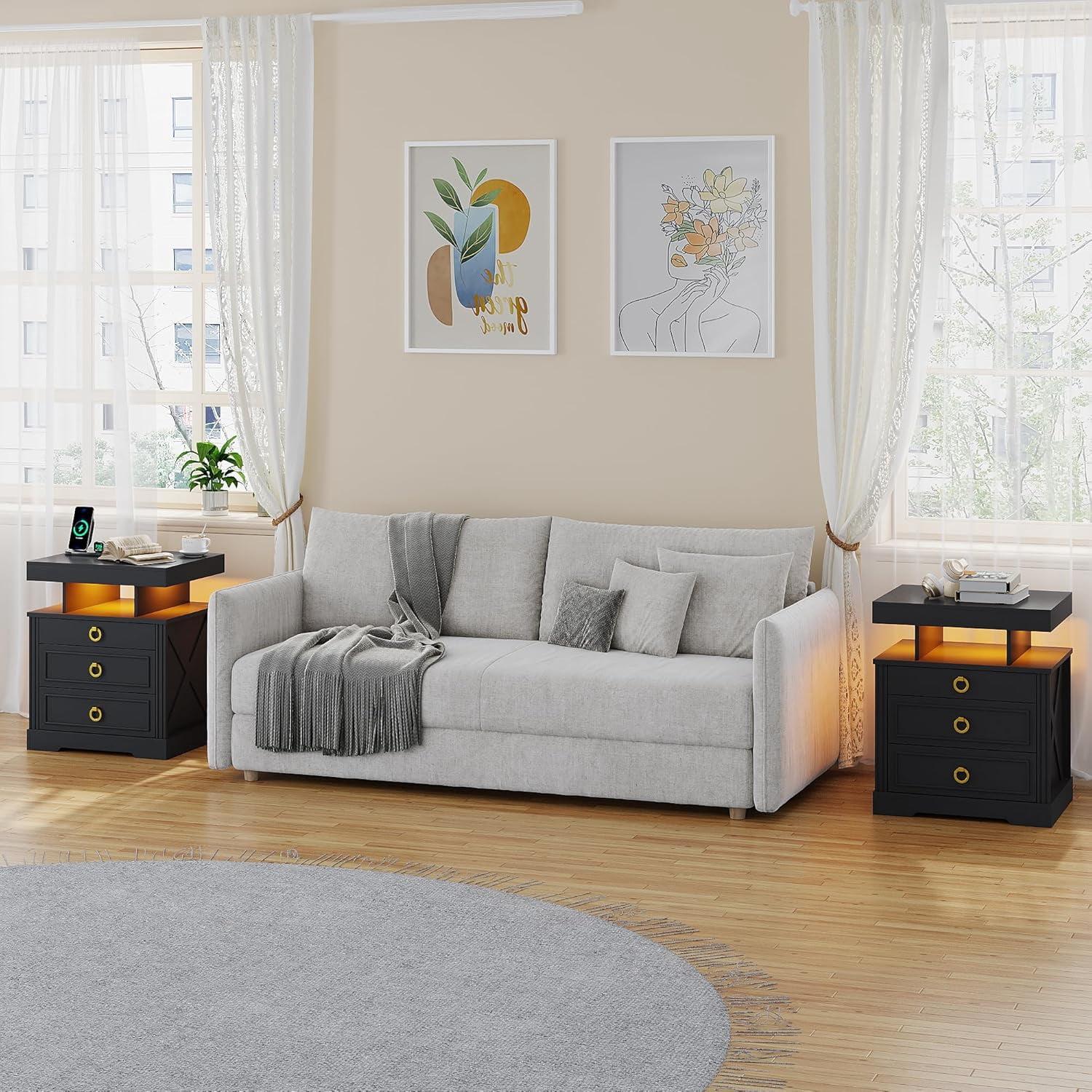 HENBC Night Stand Set 2 with Gun Drawers, LED Nightstand Set of 2 with ...