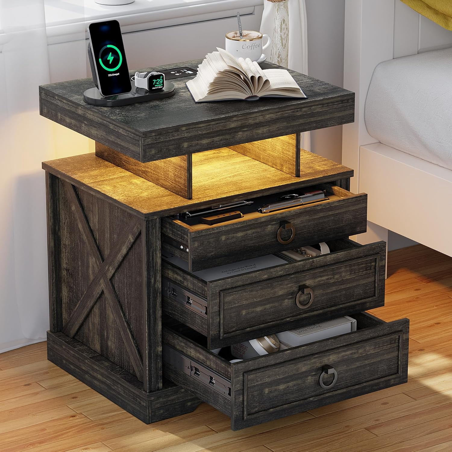 HENBC Nightstand with Gun Drawers, LED Night Stand with Charging ...