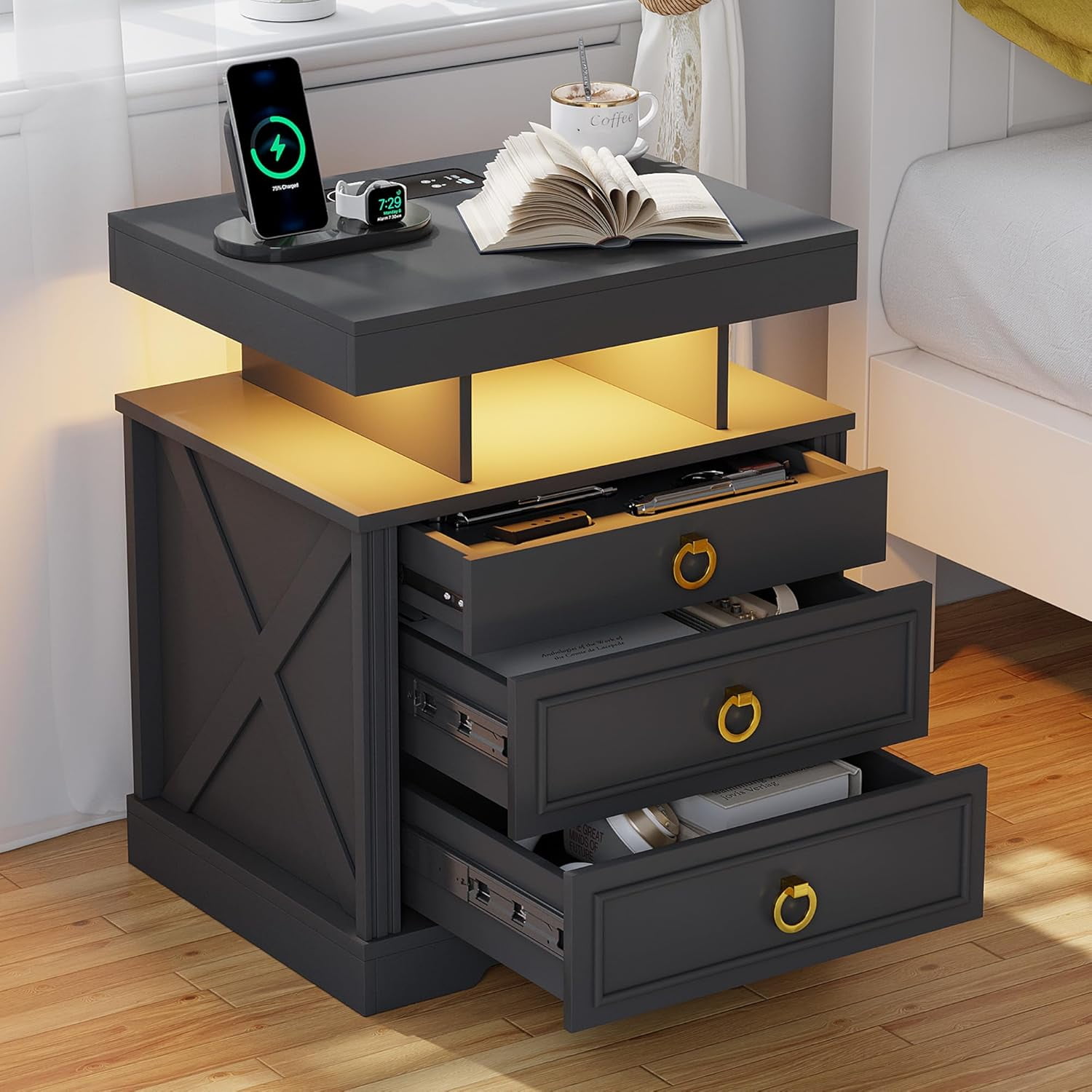 HENBC Nightstand with Gun Drawers, LED Night Stand with Charging ...