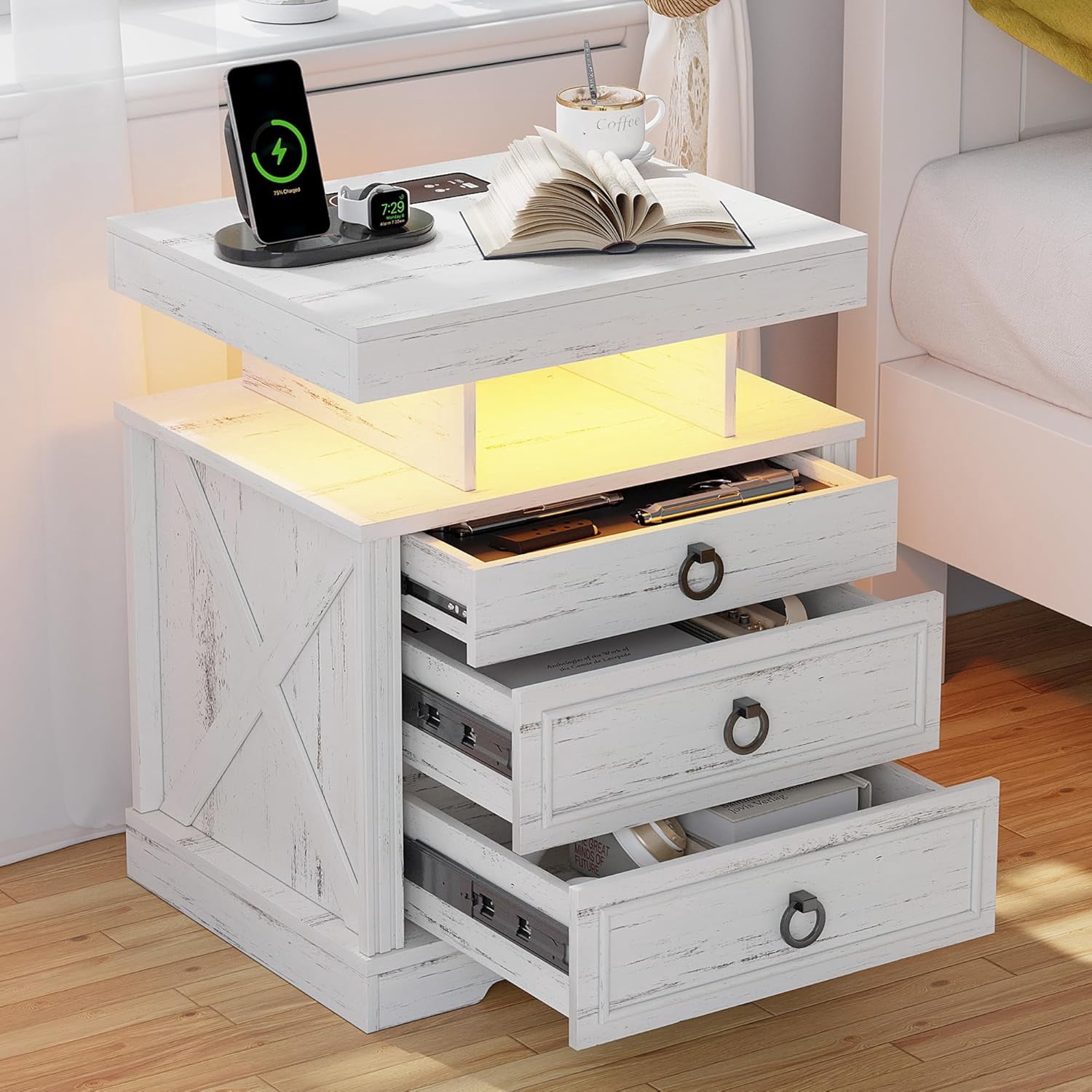 HENBC Nightstand with Gun Drawers, LED Night Stand with Charging ...