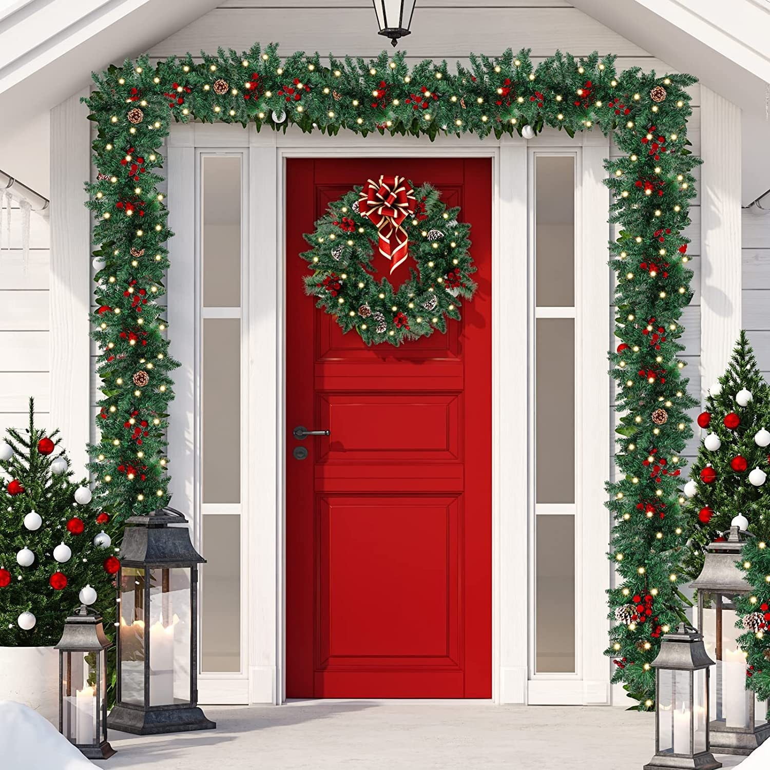 HENDENYON Wreath 10Ft Garland Prelit Light Red Berries Snow Christmas ...