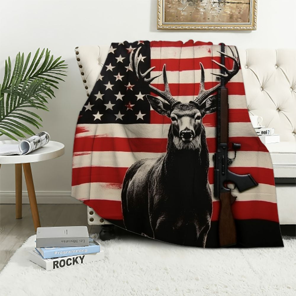 HENGT American Flag Deer Hunting Throw Blanket Super Soft Hunting Throw ...