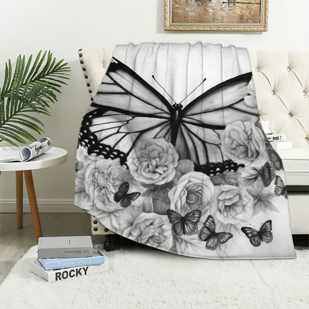 HENGT Black White Butterfly Throw Blanket, Full Bloom Floral Retro ...