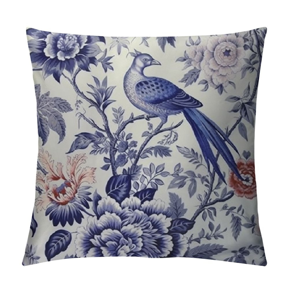 HENGT Blue Birds Flowers Pillow Covers,Blue and White Pillow Covers ...