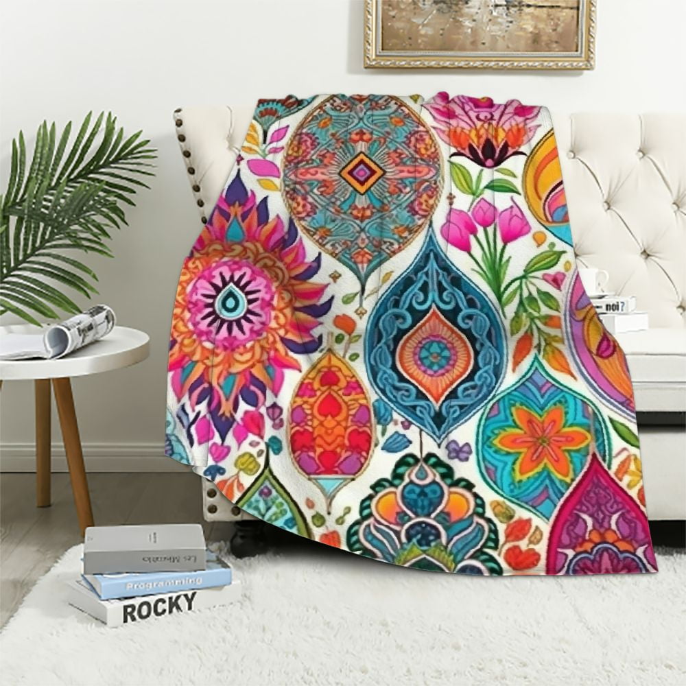 HENGT Boho Colorful Blanket Morrocan Chic Mandala Paisley Blanket Soft Plush and Fuzzy Pink Teal ...