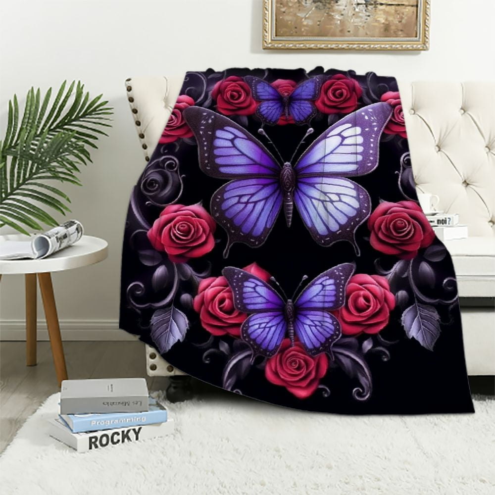 HENGT Butterfly Blanket Purple and Blue Butterfly Rose Throw Blanket ...