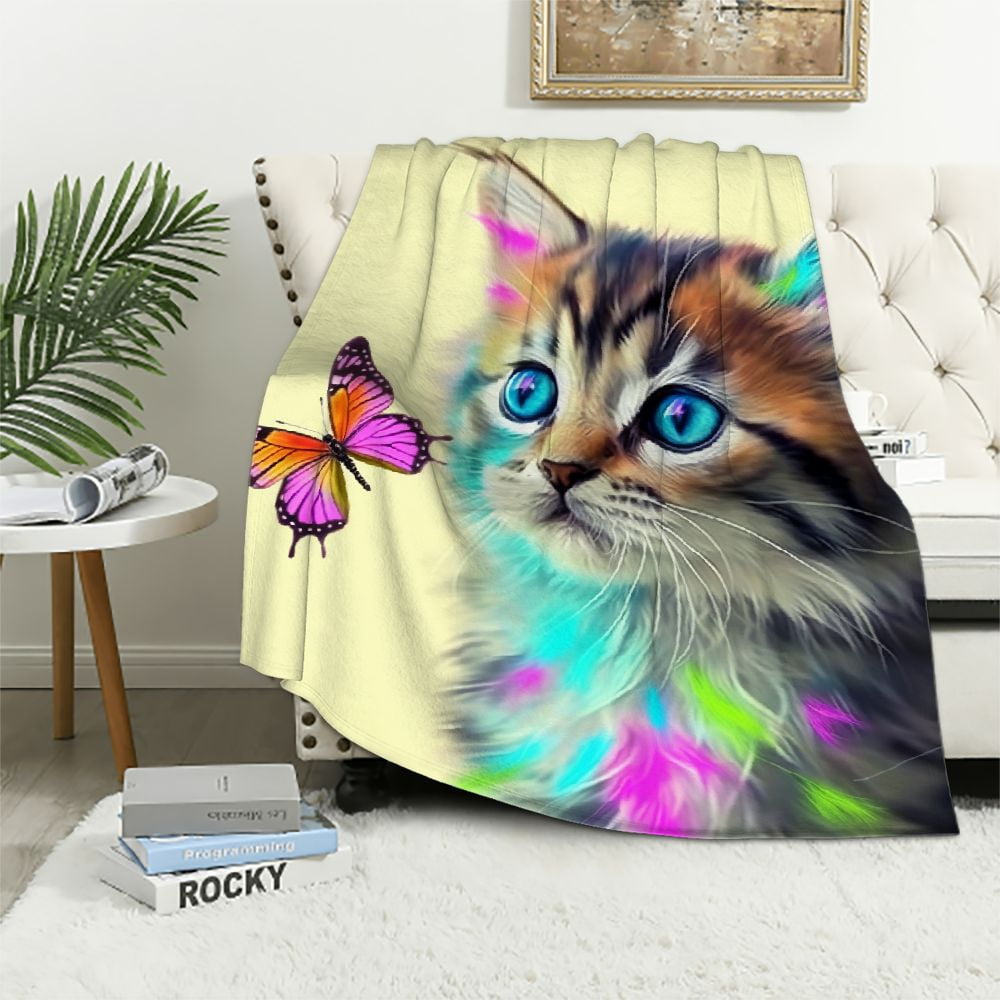 HENGT Cat Blanket for Girls Women Colorful Cat with Butterfly Throw ...