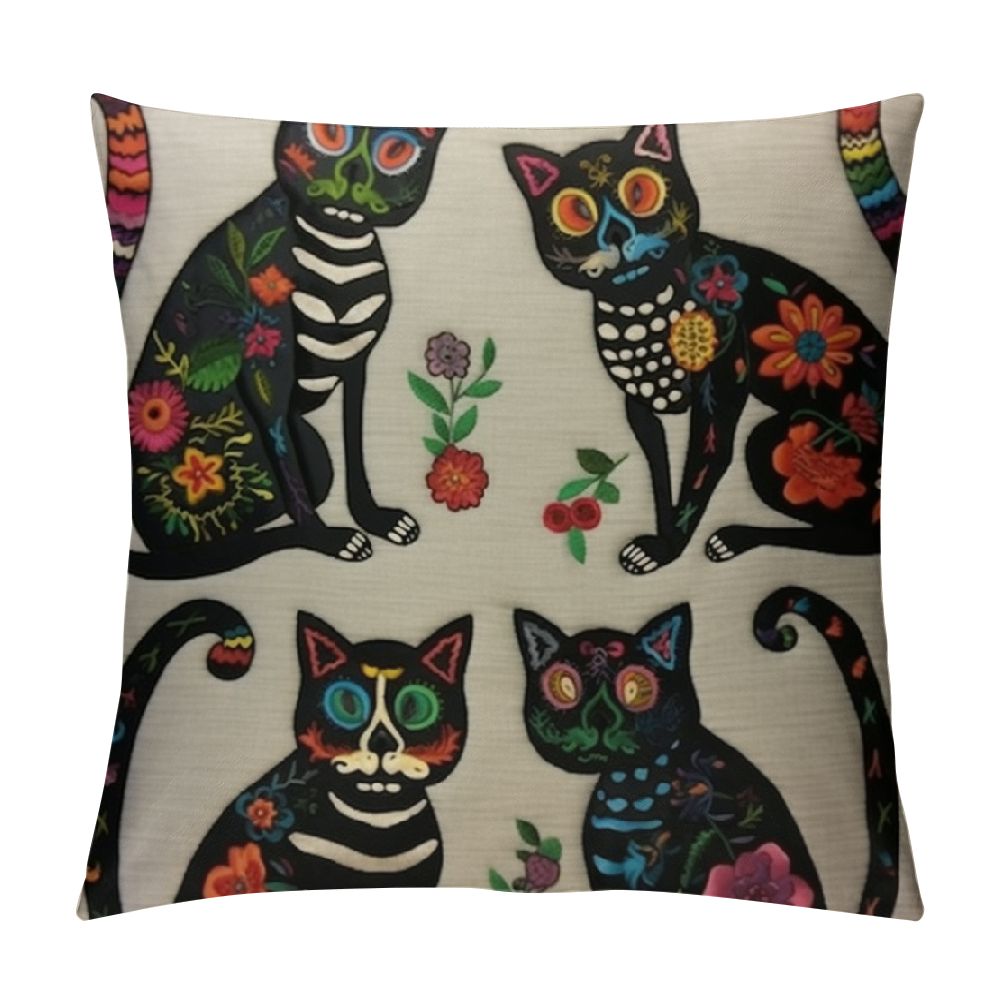 HENGT Cat Pillow Case Sugar Skull Black Kitten Mexican Day of The Dead ...