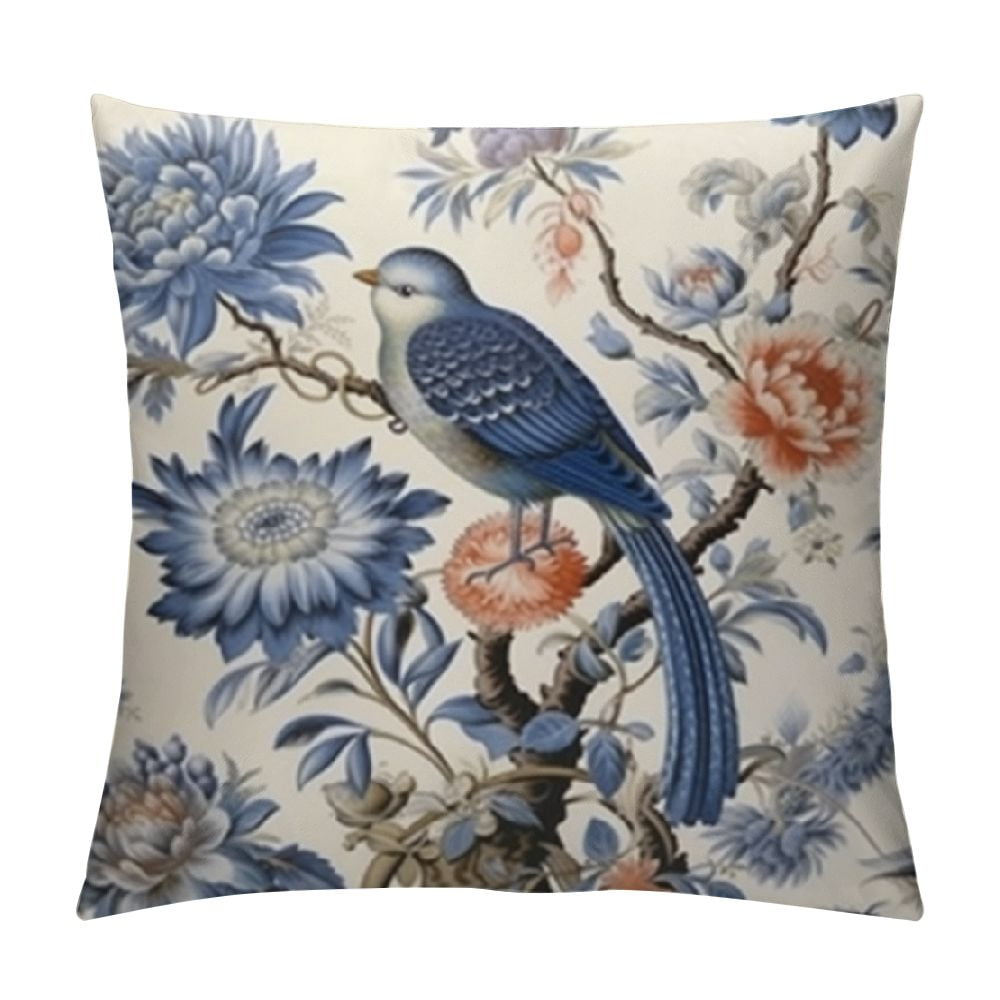 HENGT Chinoiserie Blue and White Throw Pillow Covers Birds Flowers ...