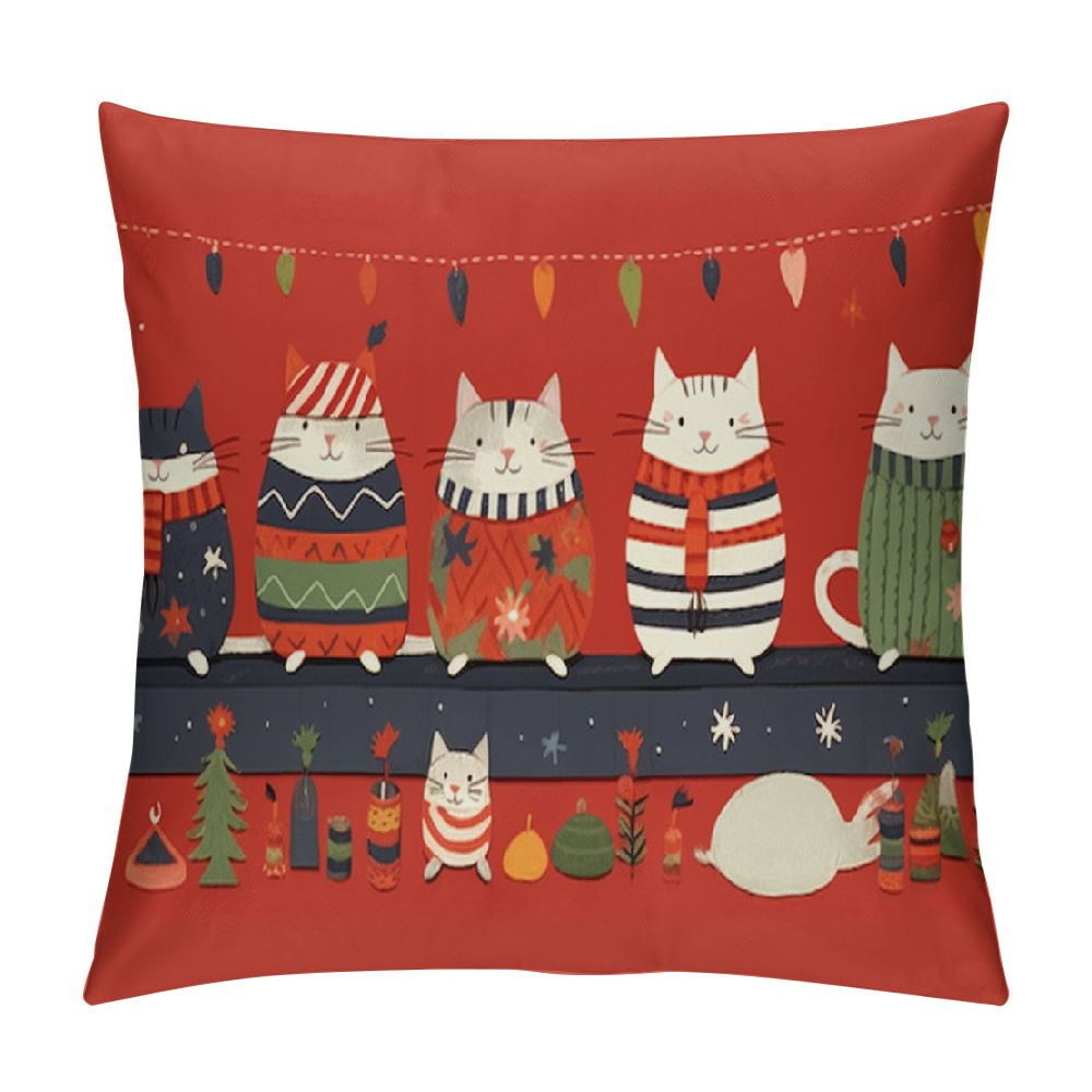 HENGT Christmas Pillow Covers, Cute Cat Decorative Winter Throw Pillows ...