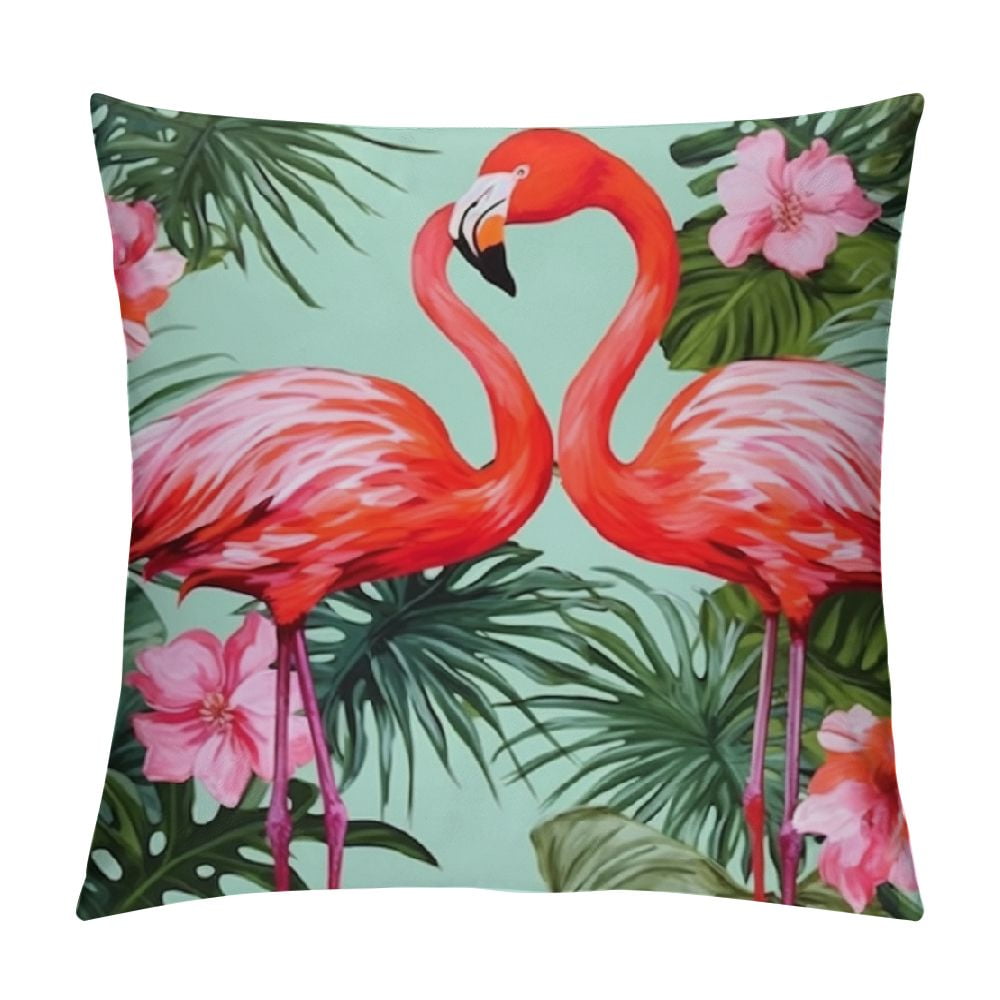 HENGT Decorative Throw Pillow Cover,Flamingo Tropical Garden Hibiscus ...
