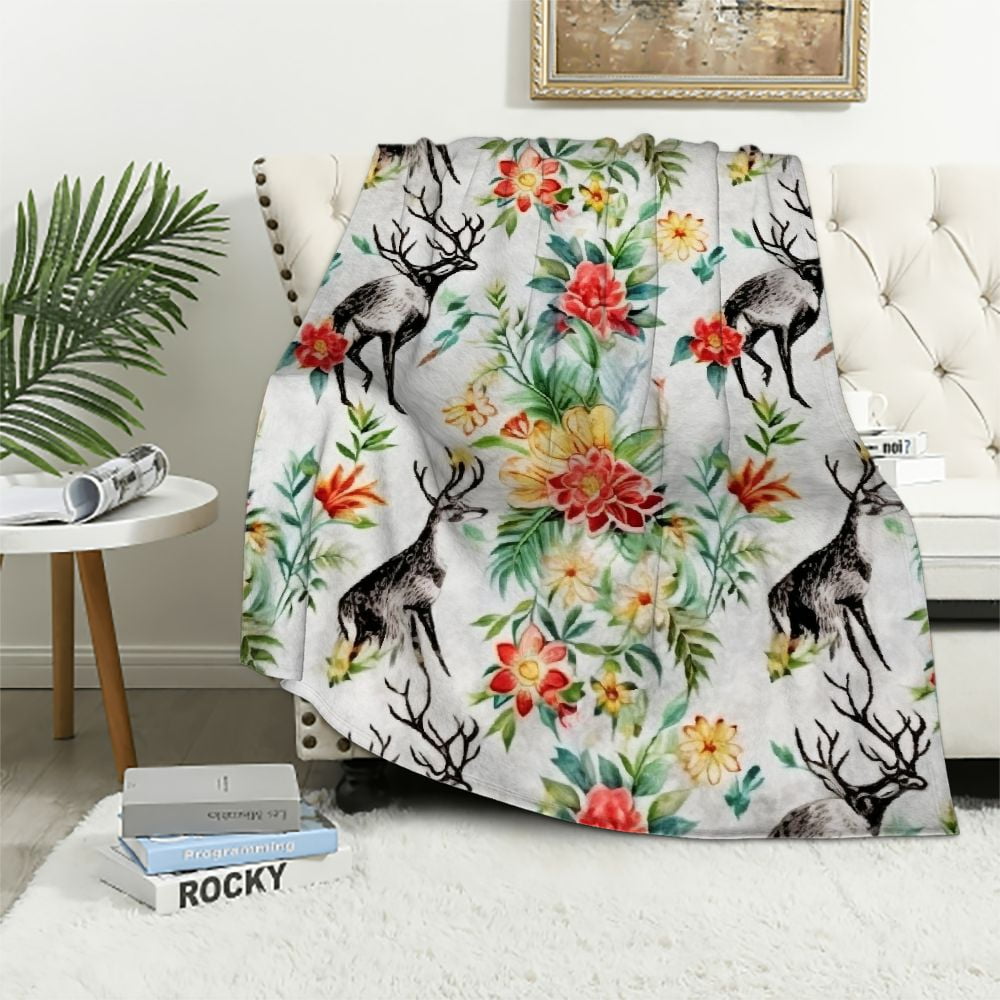 HENGT Deer Print Throw Blanket Botanical Floral Blanket Super Soft ...