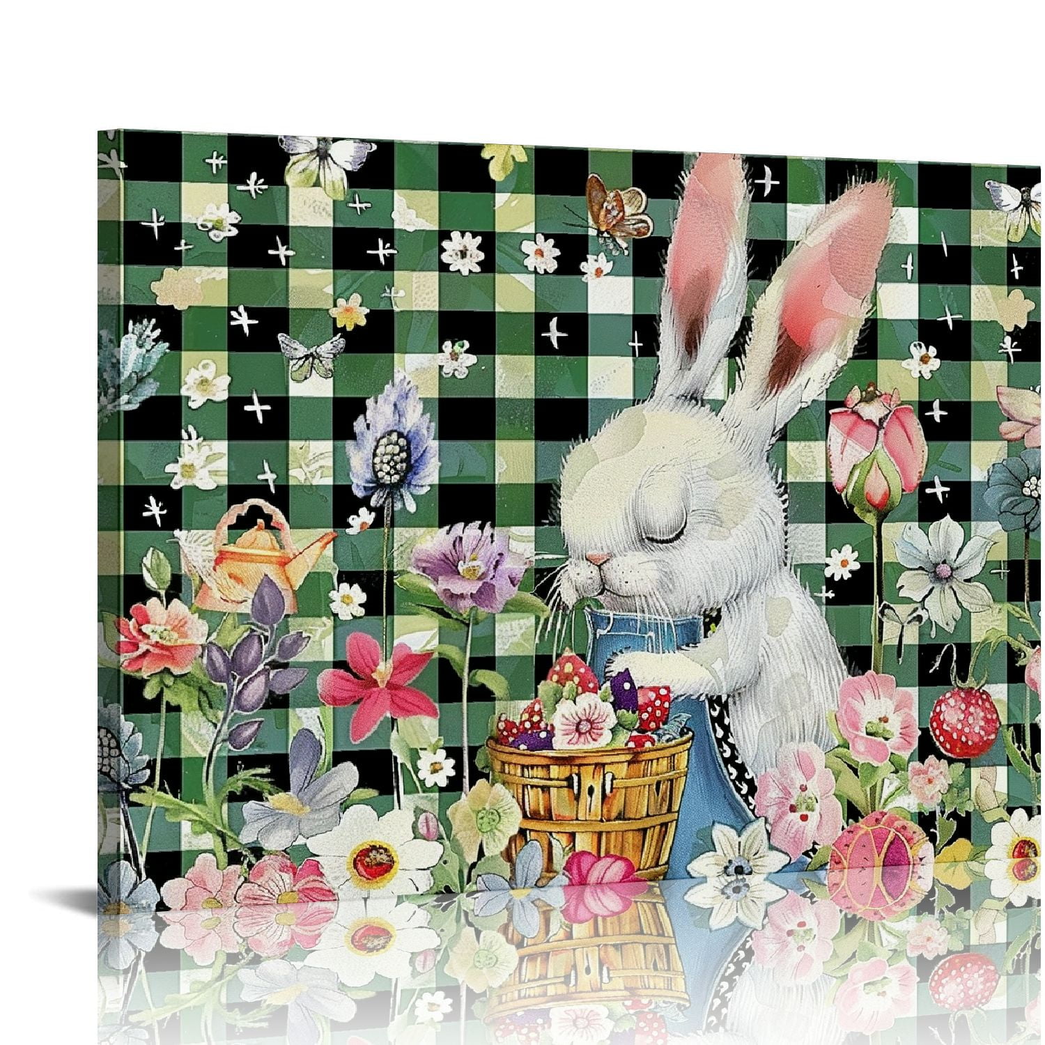 HENGT Easter Canvas Wall Art - Buffalo Plaid Bunny Gnomes Eggs Easter Spring Floral Wall Decor ...