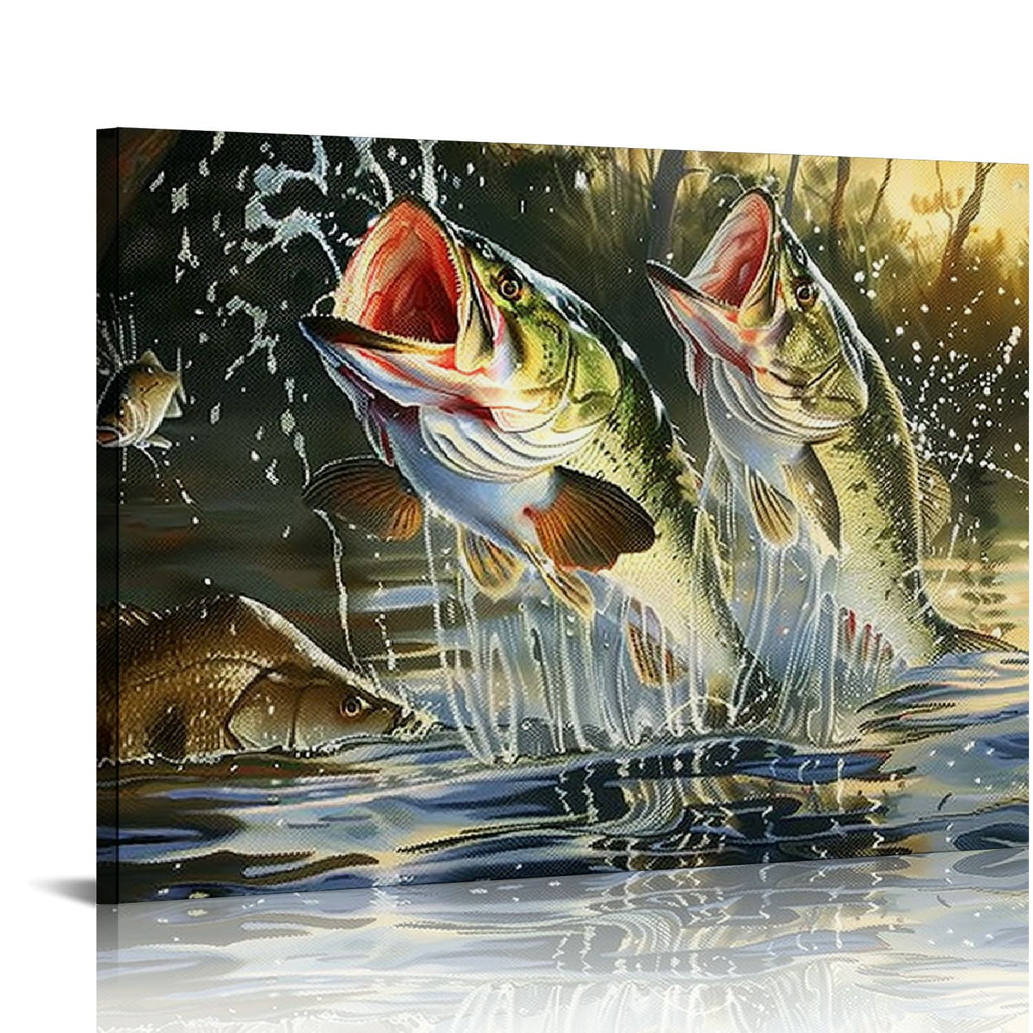 HENGT Fish Canvas Wall Art Sunset Largemouth Bass Fish Jumping out of ...