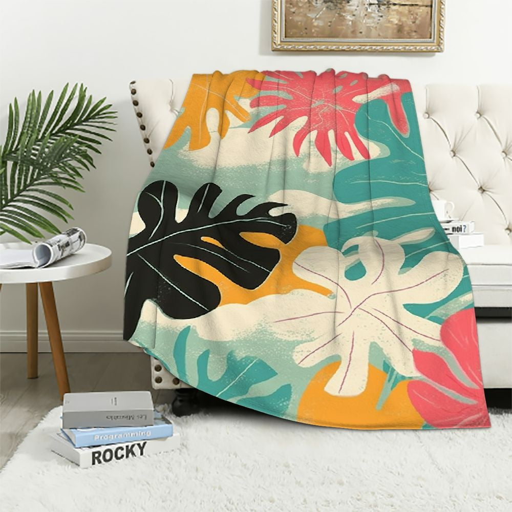 HENGT Flannel Throw Blanket Mid Century Abstract Art Tropical Leaves ...