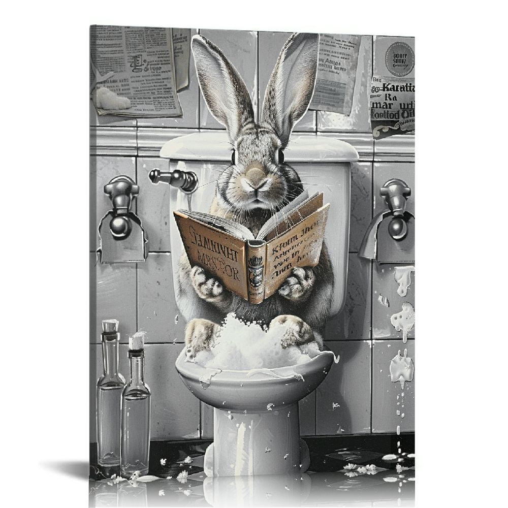 HENGT Funny Rabbit Bathroom Decor Wall Art Cute Rabbit Sitting in ...
