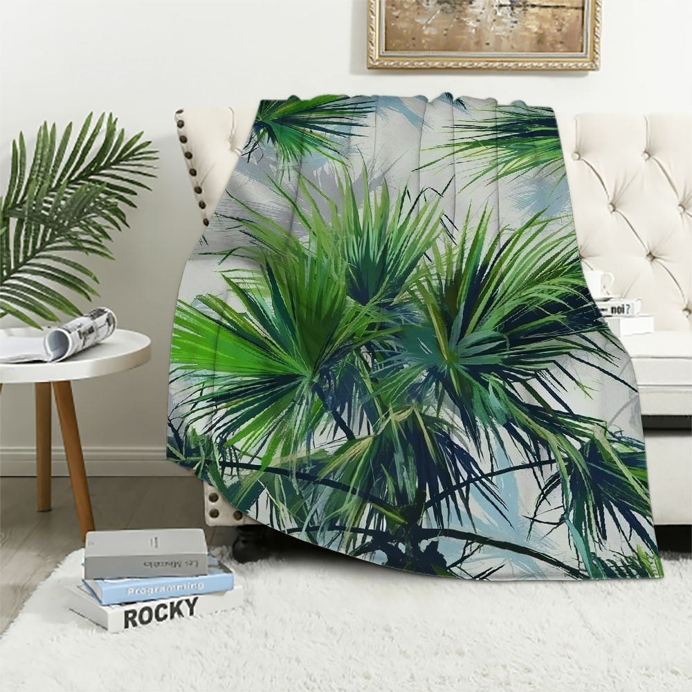 HENGT Green Palm Leaf Throw Blanket Watercolor Tropical Plants Leaves ...