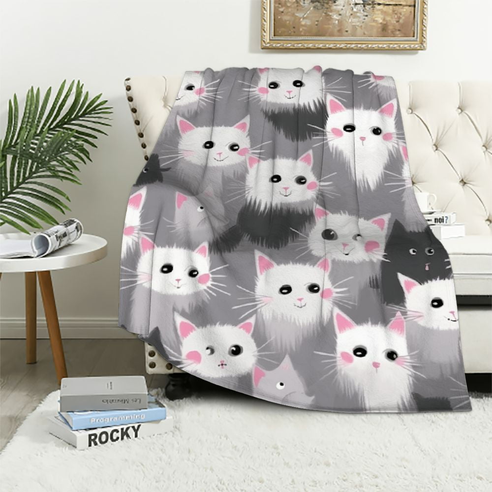 HENGT Grey Cute Cats Throw Blanket Ultra Soft Cozy Decorative Flannel ...