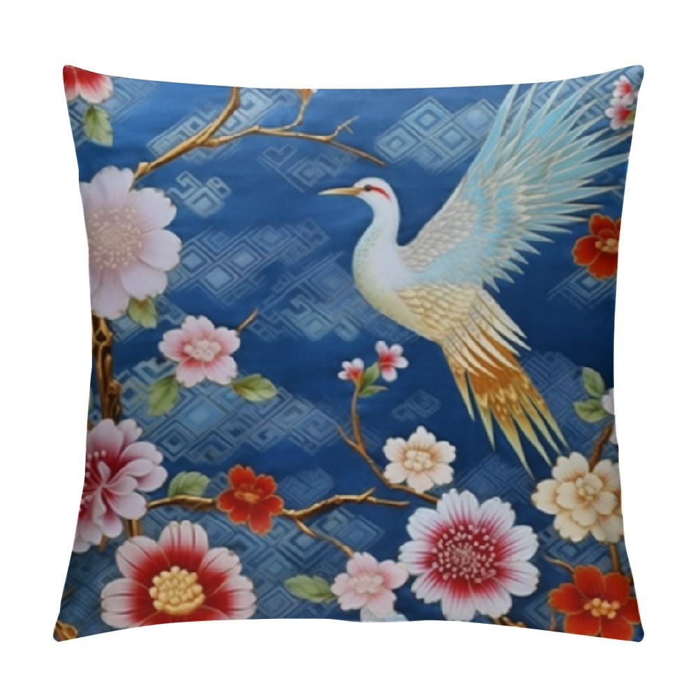 HENGT Japanese Cranes Bird Throw Pillow Covers,Cherry Blossoms Pillow ...