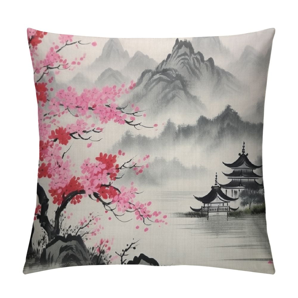 HENGT Japanese Watercolor Spring Pillow case, Mount Fuji with Cherry ...