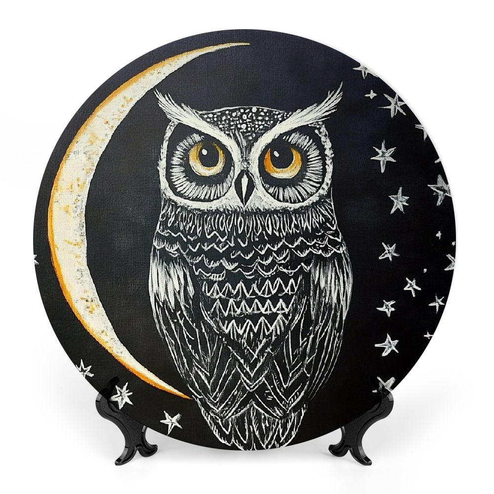 HENGT Owl Stars Crescent Bone China Decorative Plate Vertical Stand ...