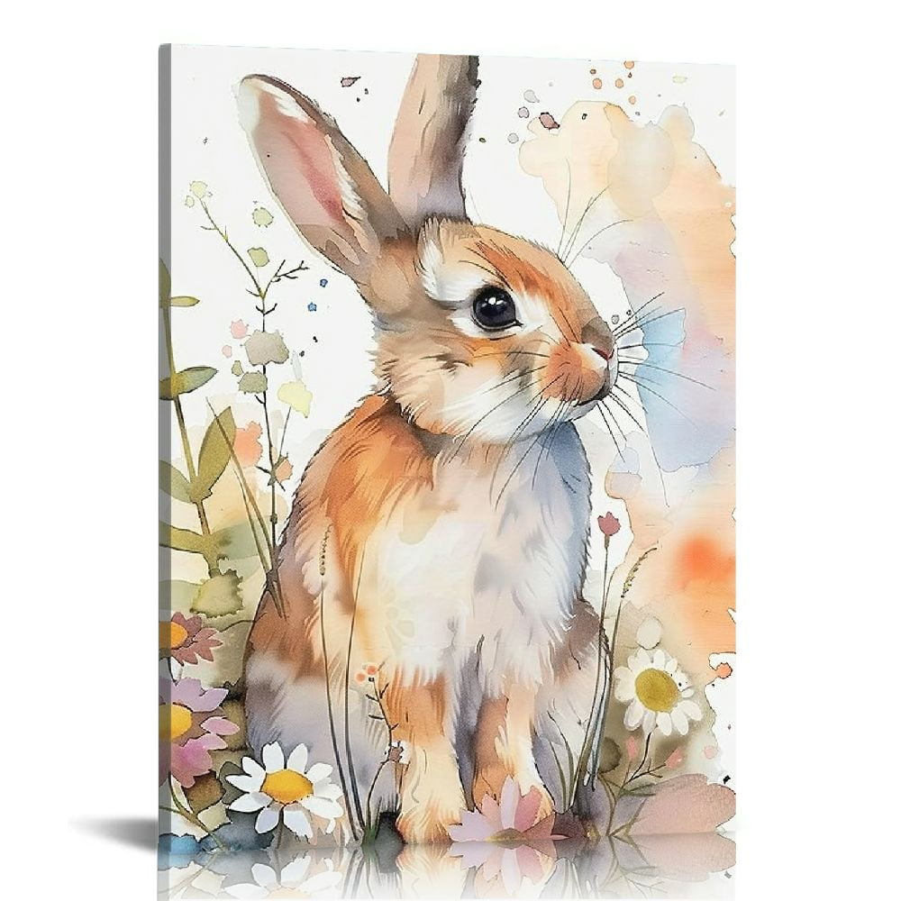 HENGT Rabbit With Flowers And Watercolor Wall Art Canvas Bunny Lover ...