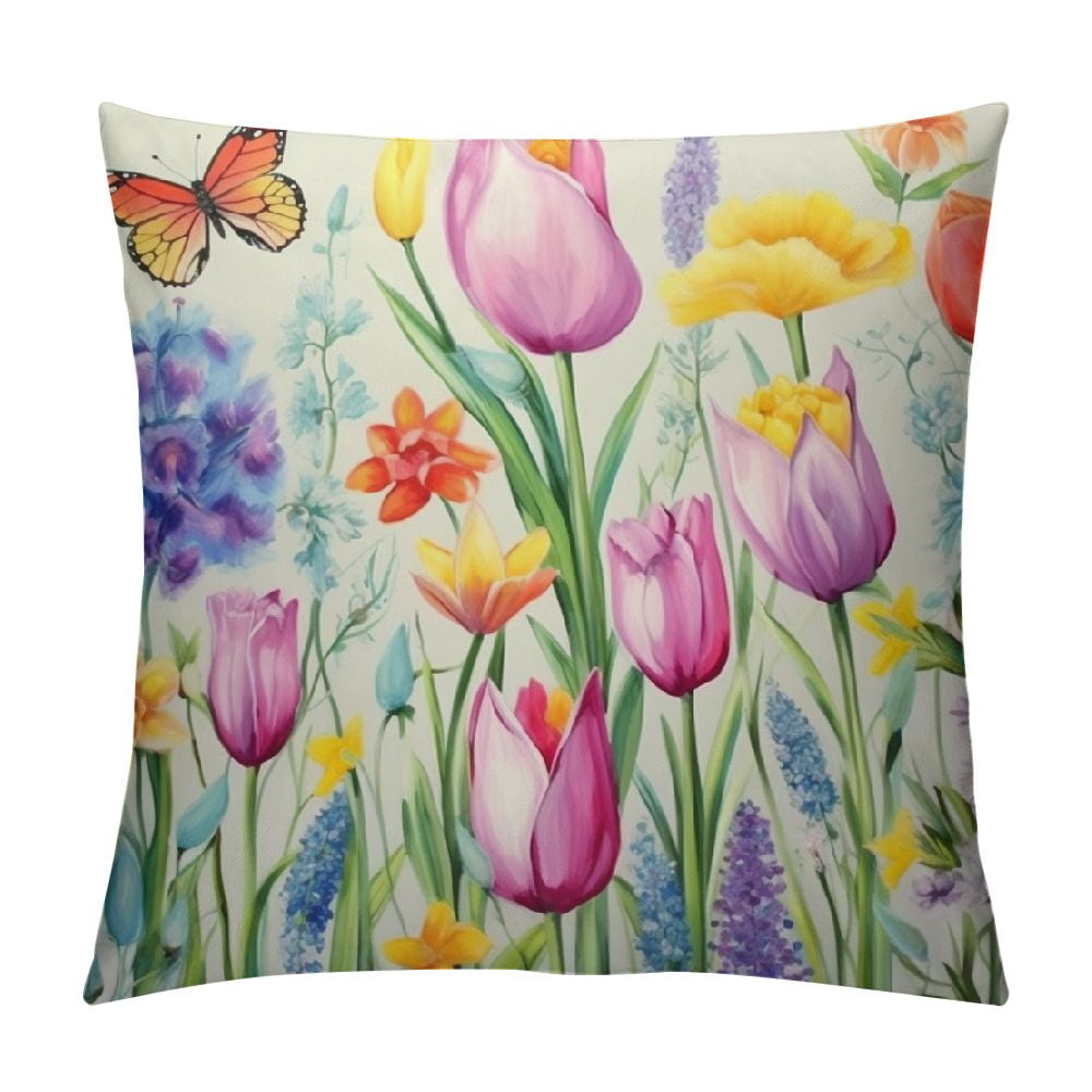 HENGT Spring Floral Pillow Cover Tulips Lavender Flower Butterfly Throw Pillows Case Farmhouse ...