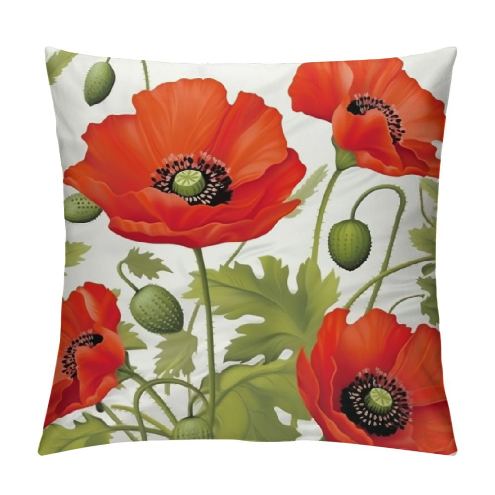 HENGT Throw Pillow Cover Red Poppy Flowers Beautiful Poppy Green Leaves ...