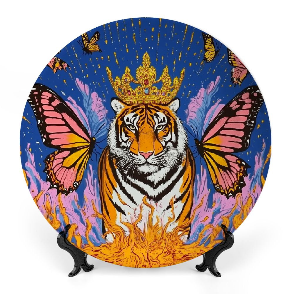 HENGT Tigers Butterfly Crown Bone China Decorative Plate Vertical Stand ...