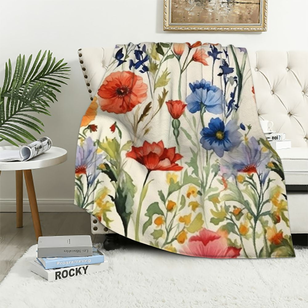 HENGT Wildflowers Throw Blanket Colorful Watercolor Flowers Poppy ...