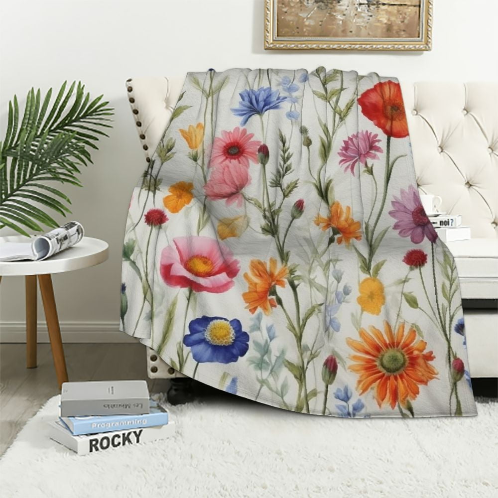 HENGT Wildflowers Throw Blanket Colorful Watercolor Flowers Poppy ...