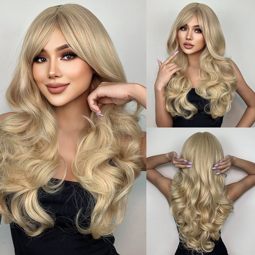 HENRY MARGU Long Golden Brown Wavy Wig with Bangs Synthetic Hair Wigs ...