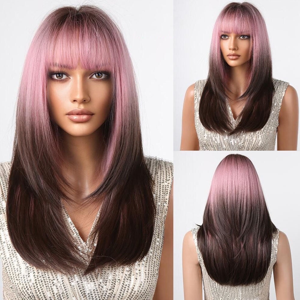 HENRY MARGU Ombre Red to Black Synthetic Wigs with Bangs Long Straight ...