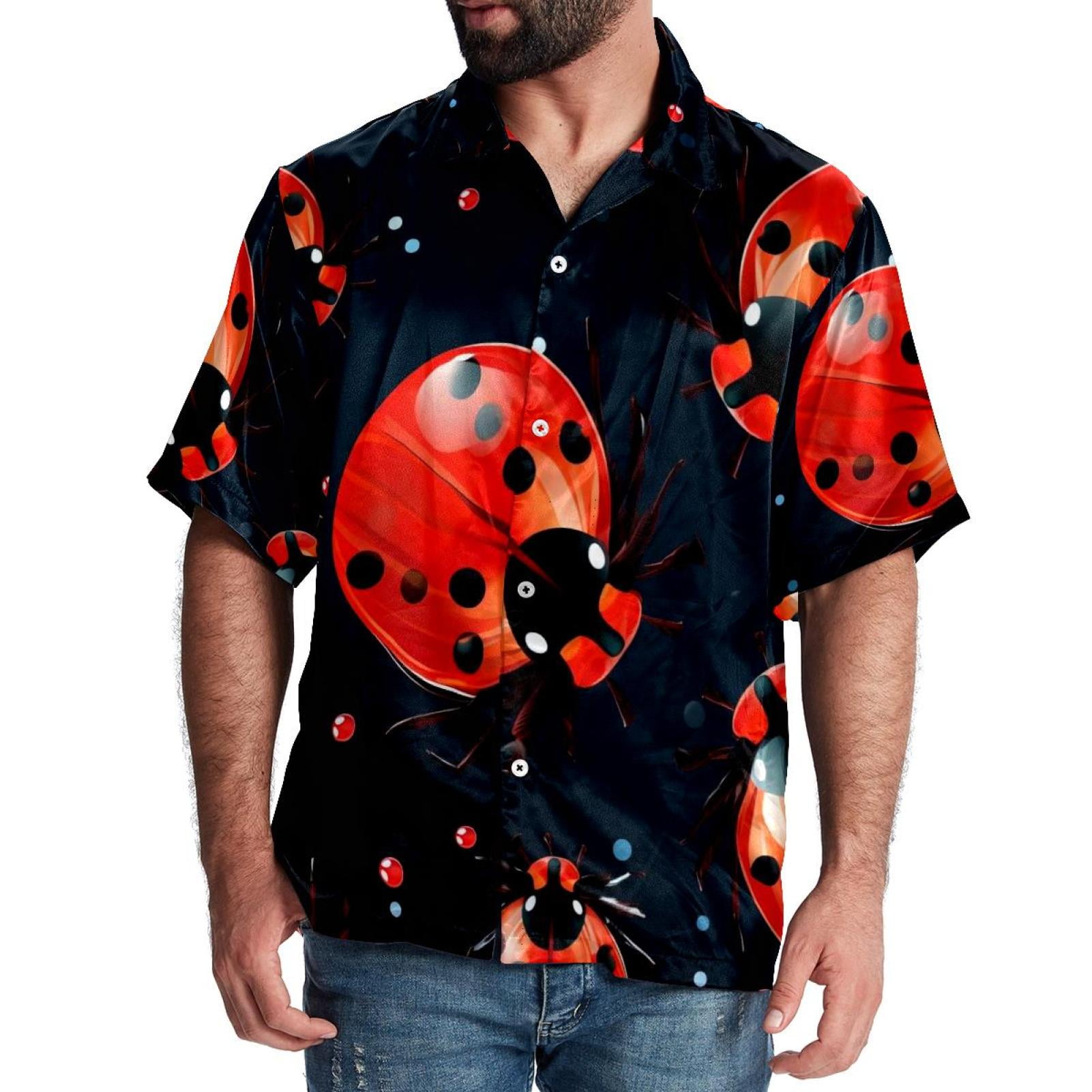 HEOEH Men's Button Up Shirt with Short Sleeves, Ladybug Pattern ...