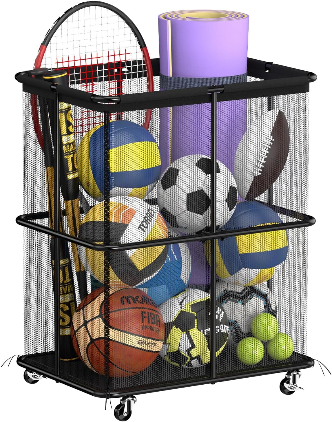 HEOMU Ball Storage Bin Rolling Garage Ball Storage Cart with Lockable ...
