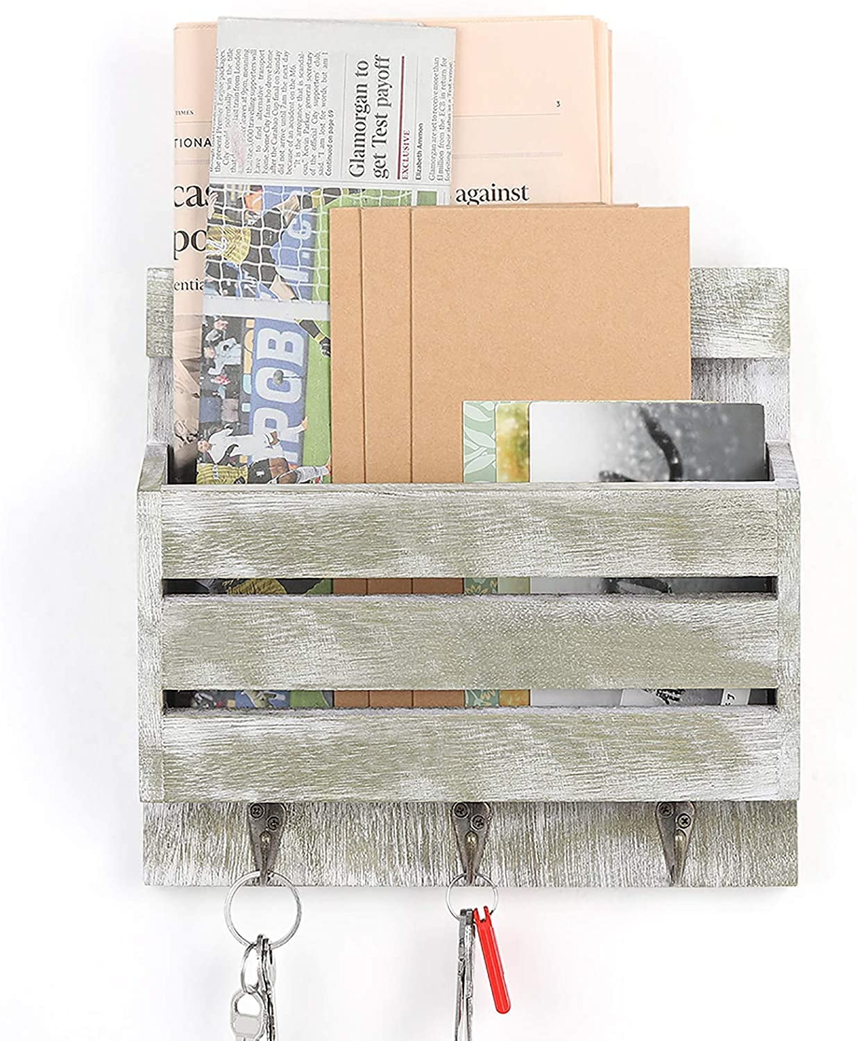 HEOMU Wall Mount Wood Mail & Key Holder Organizer with 3 Hooks ...